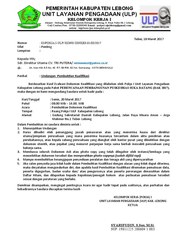 Unit Layanan Pengadaan (Ulp) : Pemerintah Kabupaten Lebong | PDF