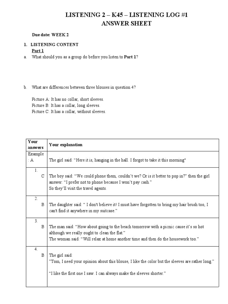 Listening Log 1 - Answer Sheet | PDF | Vocabulary | Cognitive Science