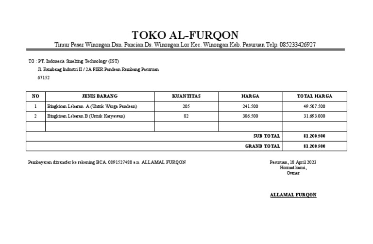 INVOICE TOKO AL FURQON | PDF