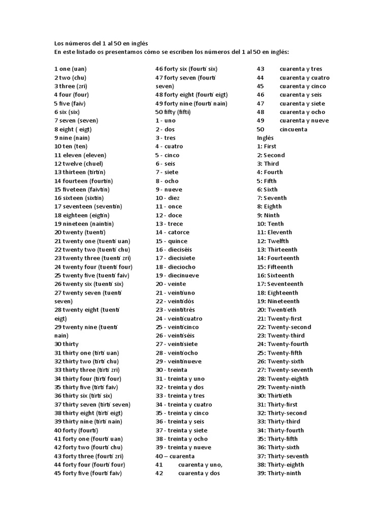 Los Números Del 1 Al 50 en Inglés | PDF