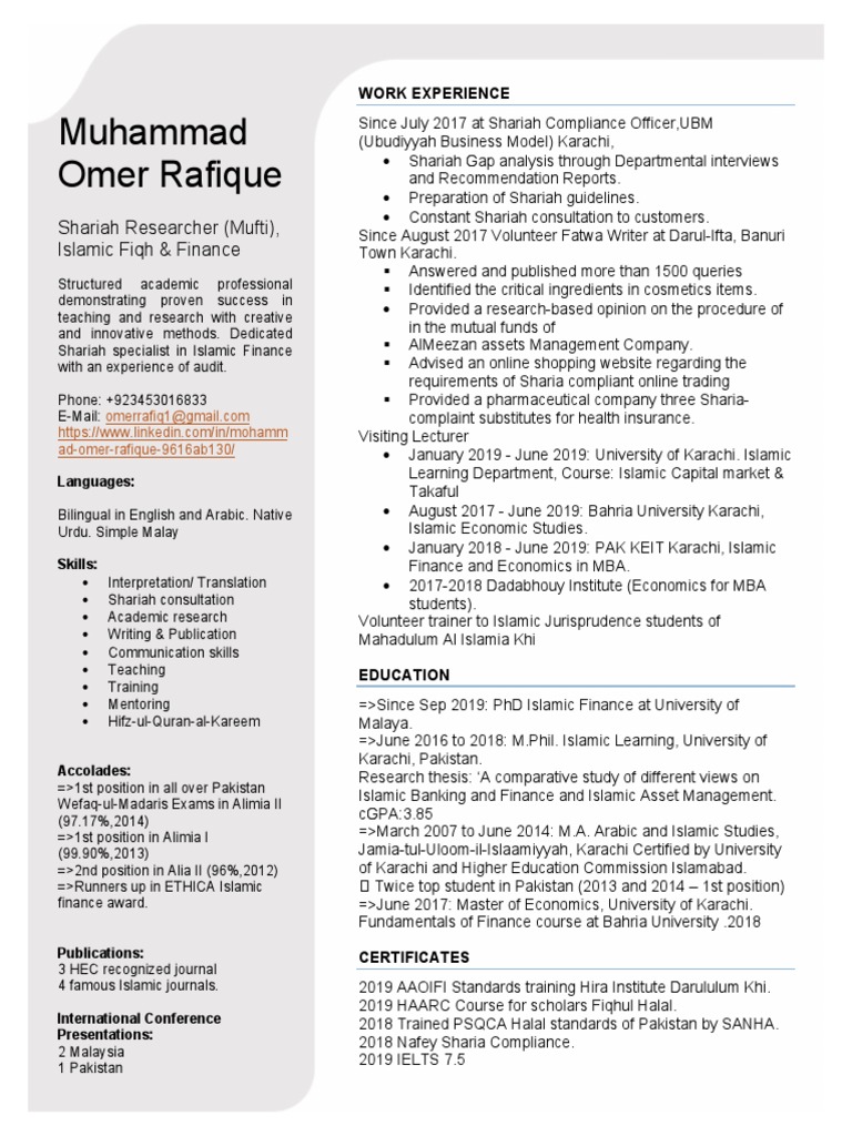 Muhammad Omer Rafique: Shariah Researcher (Mufti), Islamic Fiqh ...