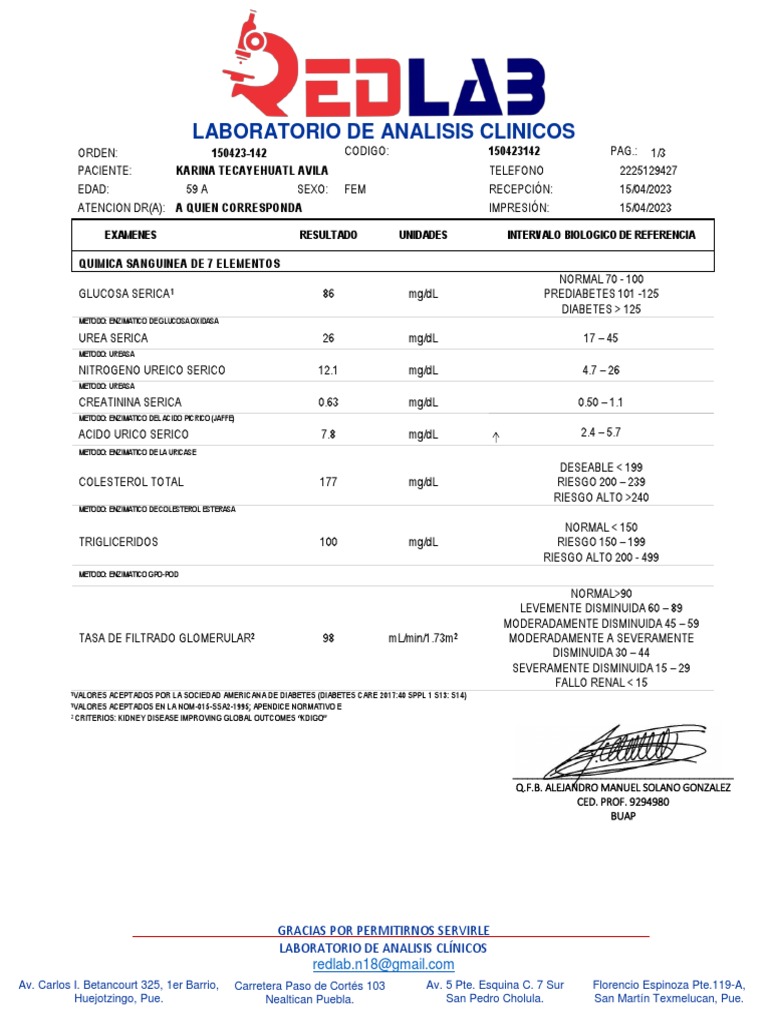 Resultados de análisis clínicos de Karina Tecayehuatl Avila | PDF | Especialidades Medicas ...