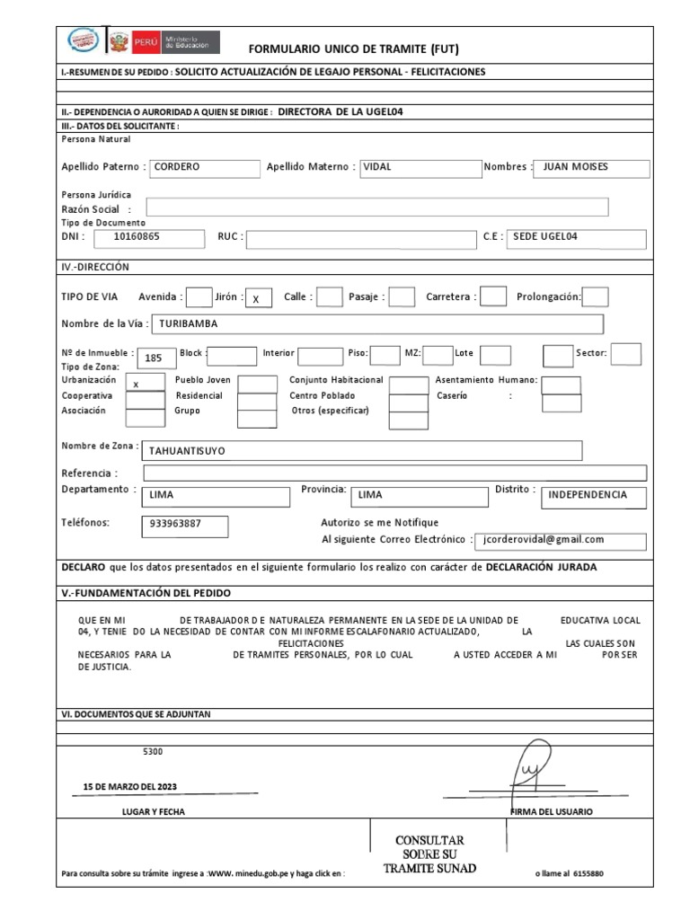Solicito Actualización de Legajo Personal - Felicitaciones: Formulario Unico de Tramite (Fut) | PDF
