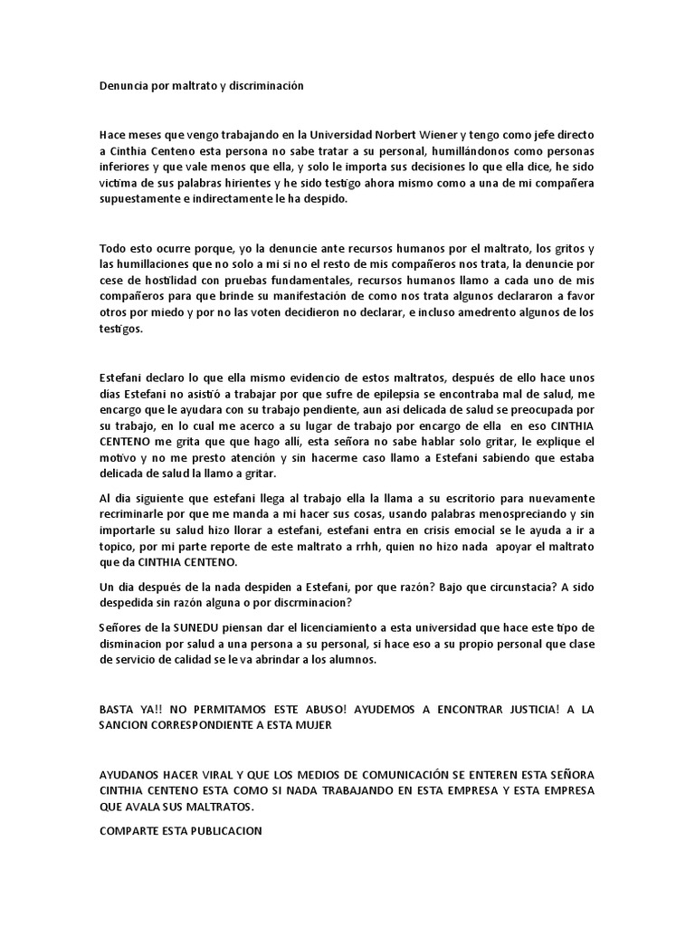 Denuncia Por Maltrato y Discriminación | PDF