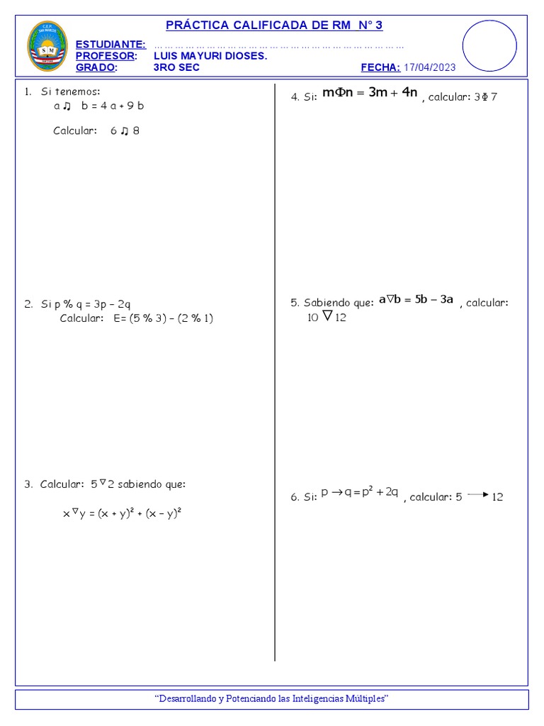 Practica Calificada 3 - Tema Operadores Matematicos - RM - 3ro Sec | PDF