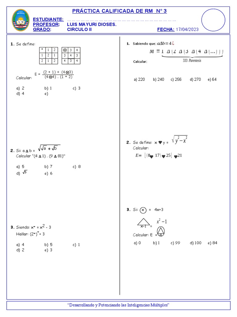 Practica Calificada 3 - Tema Operadores Matematicos - RM - Circulo Ii | PDF
