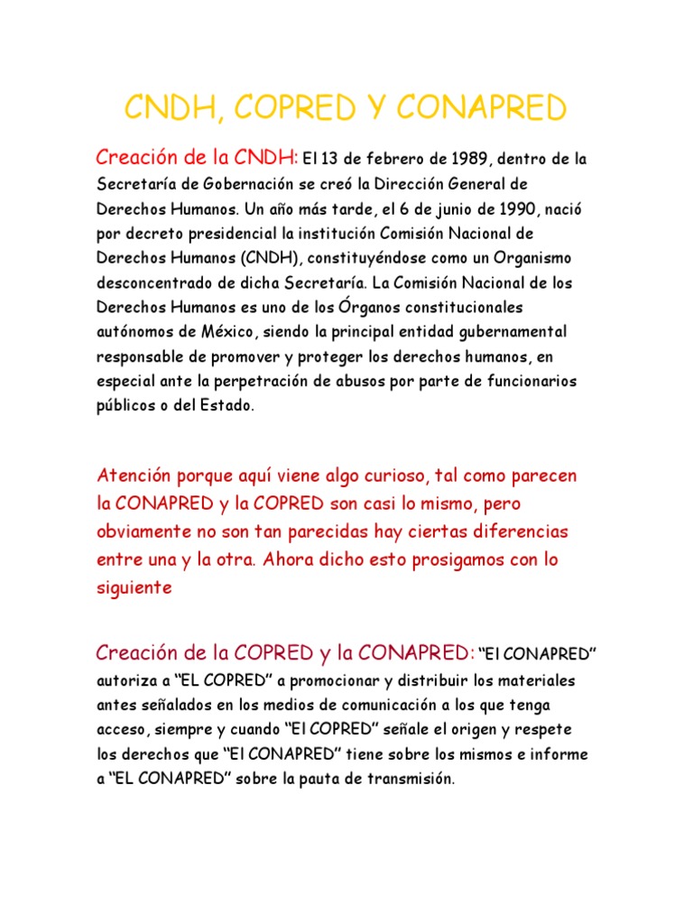 CNDH, Copred Y Conapred: Creación de La CNDH | PDF | Gobierno | Justicia