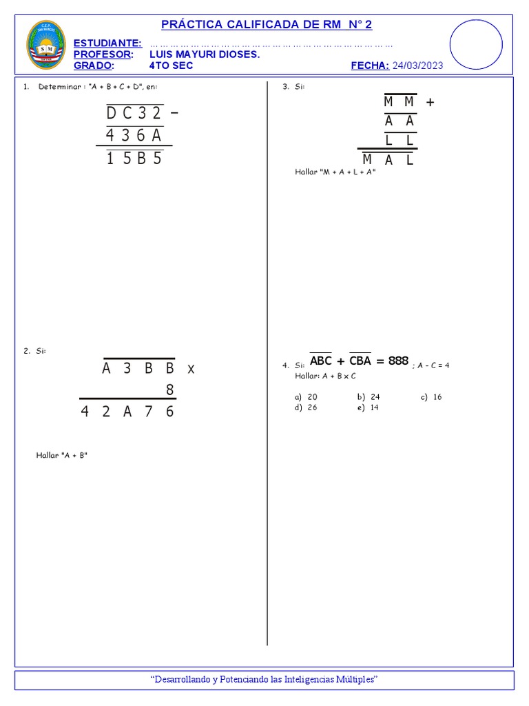 Practica Calificada 2 - Tema Criptoaritmetica - RM - 4to Sec | PDF