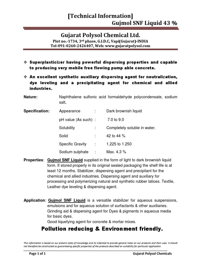 TDS - Gujmol SNF Liquid 43 % | PDF | Dye | Liquids