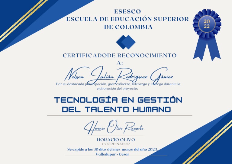 Certificado de Reconocimiento Nelson Rodriguez Gamez | PDF