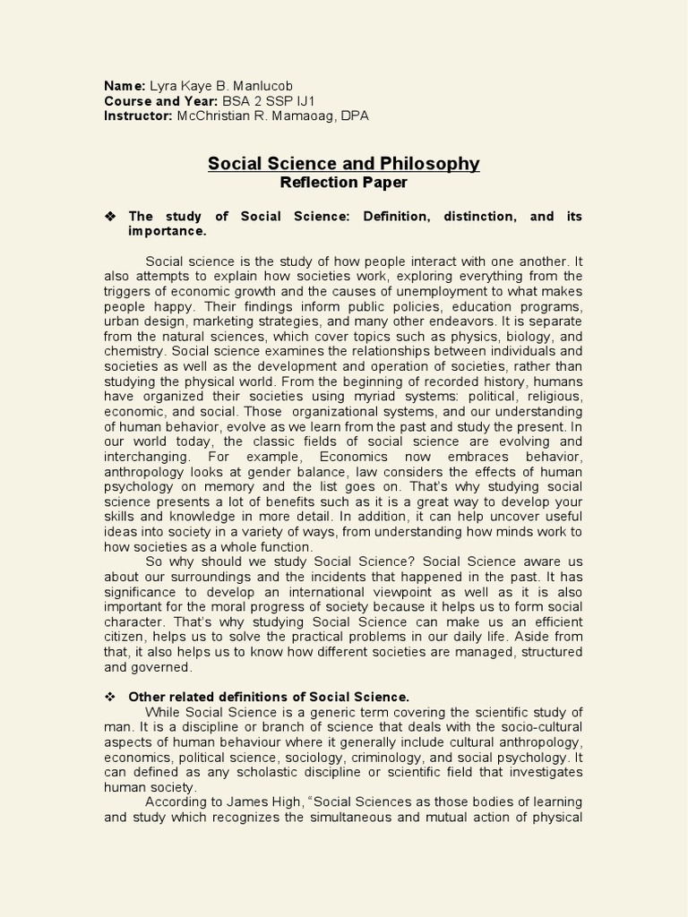 SSP Reflection Paper - MANLUCOB, Lyra Kaye B. | PDF | Social Sciences ...