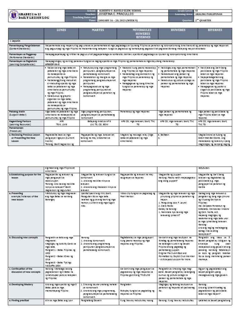 DLL - Araling Panlipunan 6 - Q2 - W9 | PDF