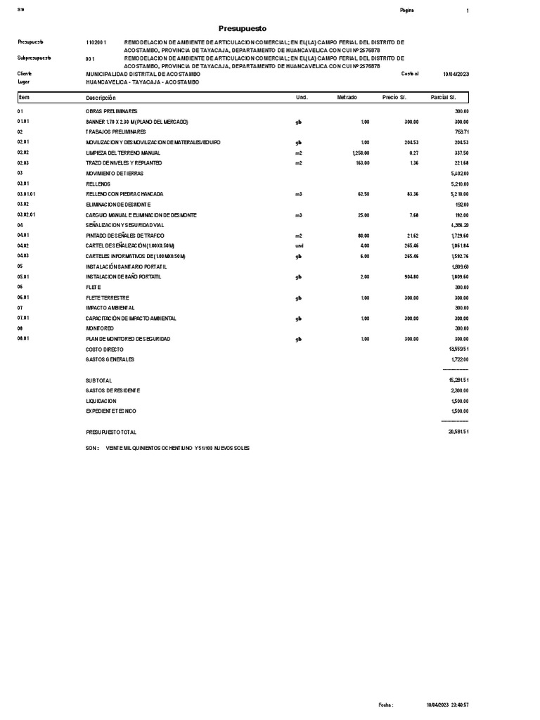Resumen de Ppto Mercado Acostambo | PDF