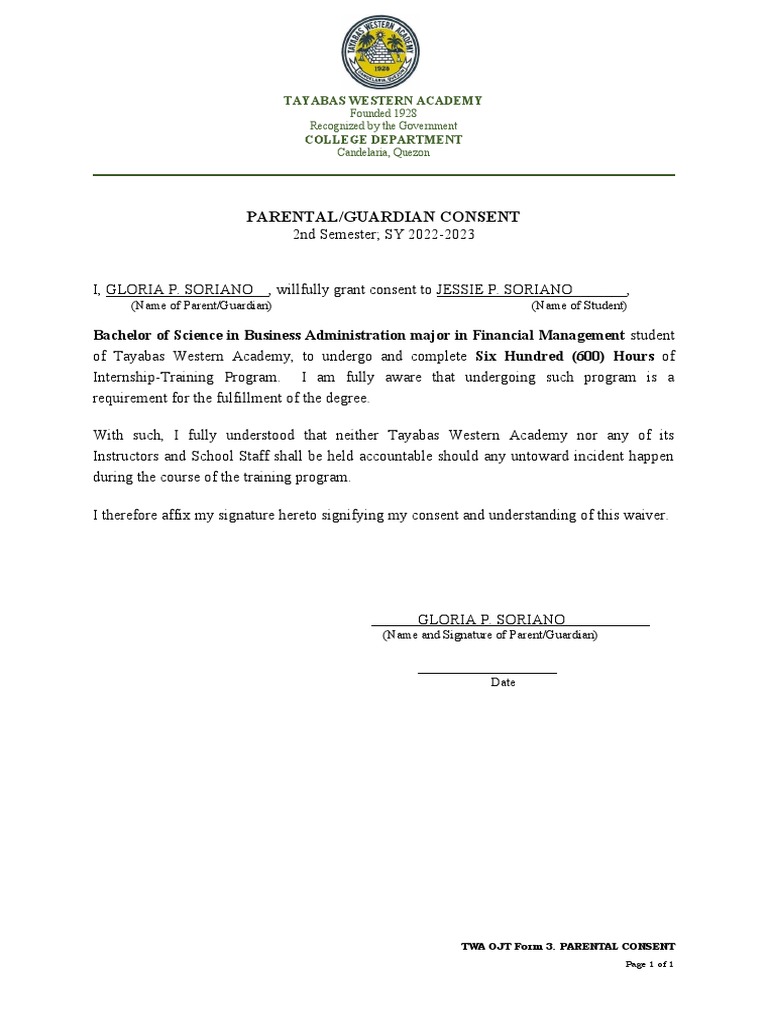 Parent Consent for OJT at TWA | PDF