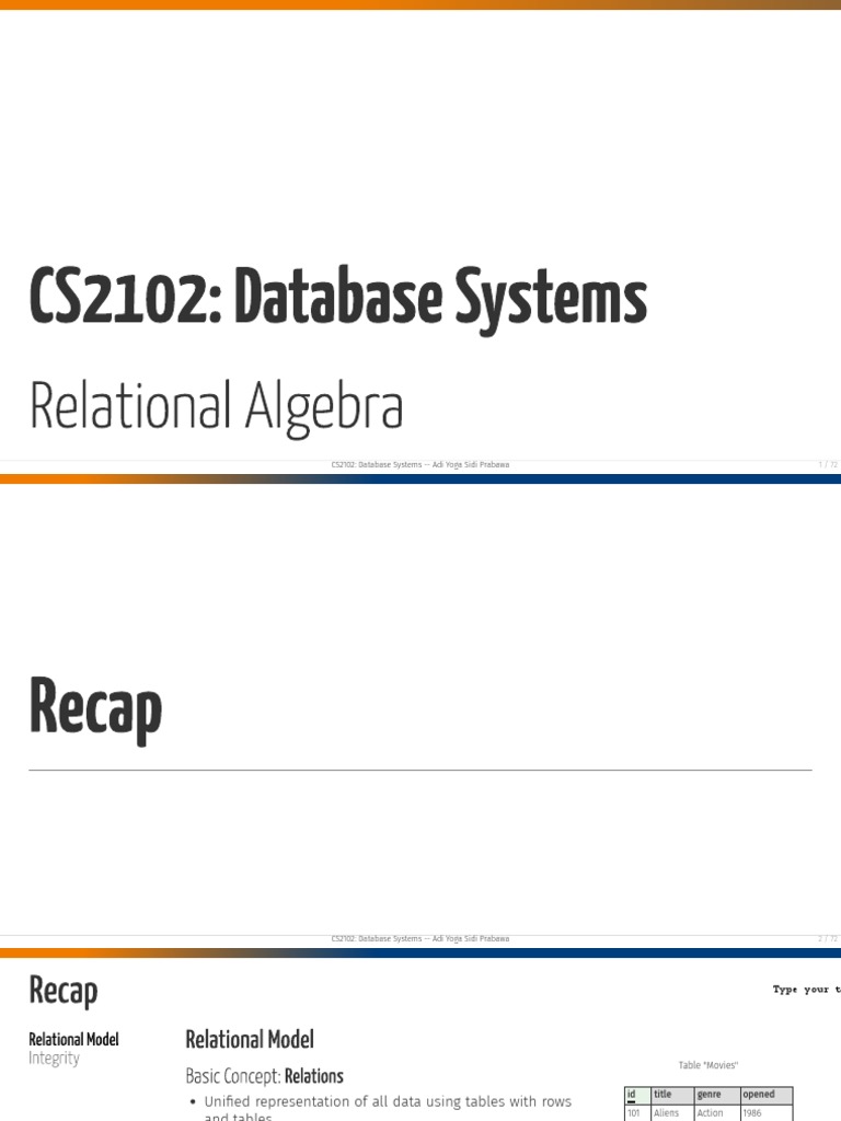CS2102: Database Systems - Adi Yoga Sidi Prabawa 1 / 72 | PDF | Relational Model | Mathematical ...