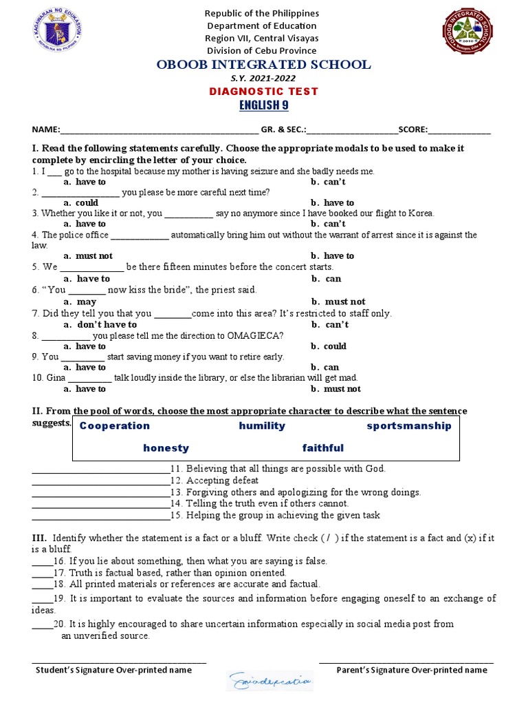 9th Grade English Diagnostic Test | PDF