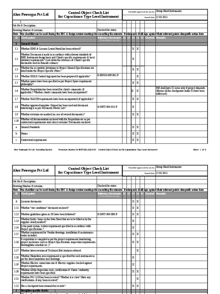 G-INST-004.232-A Checklist For Capacitance Type Level Instrument | PDF | Specification ...