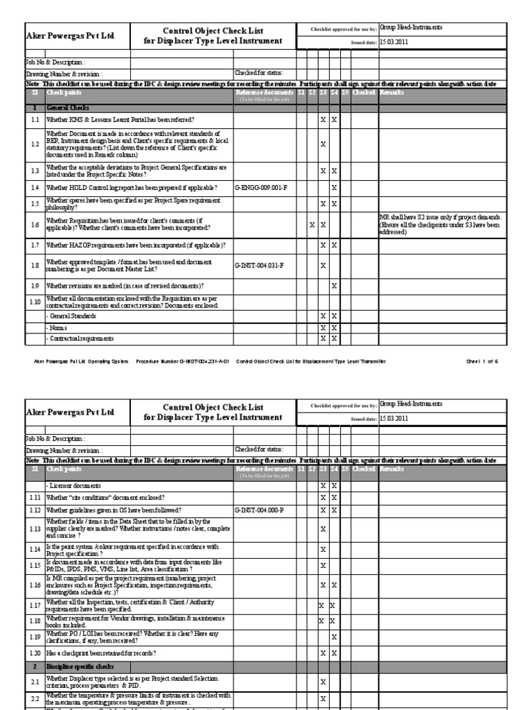 G-INST-004.231-A Checklist For Displacement Type Level Instrument | PDF | Switch | Specification ...