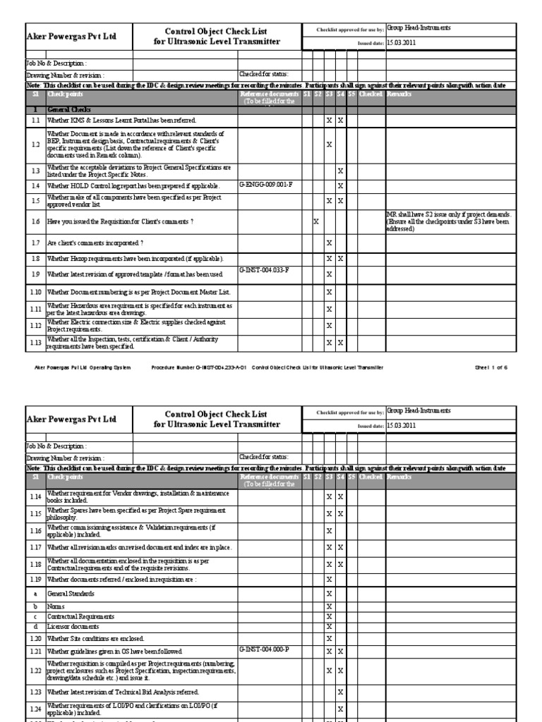 G-INST-004.233-A Checklist For Ultrasonic Level Transmitter | Download ...