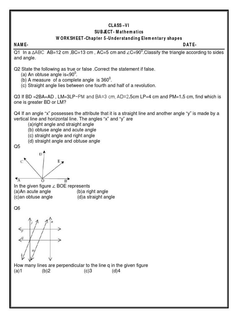 Class 6 Worksheet: Understanding Shapes | PDF