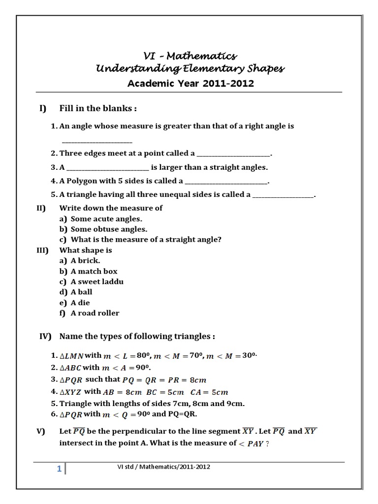 CBSE Class 6 Maths Understanding Elementary Shapes Worksheets | PDF ...