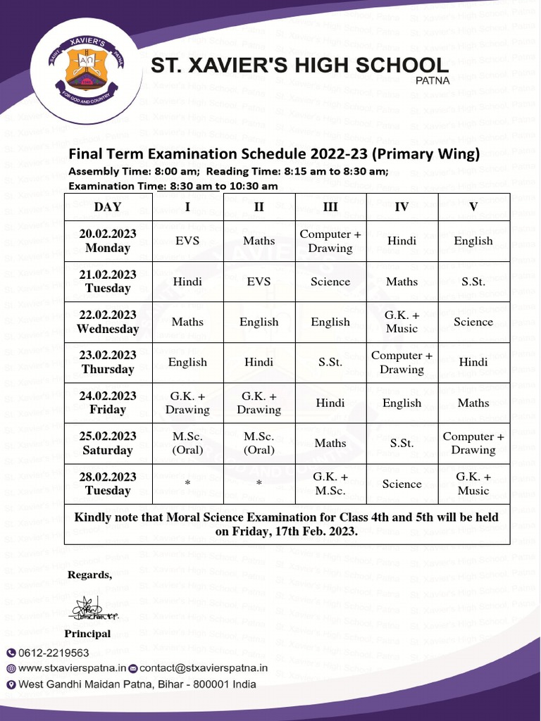 Final Term Examination Schedule 2022-23 (Primary Wing) : Regards | PDF
