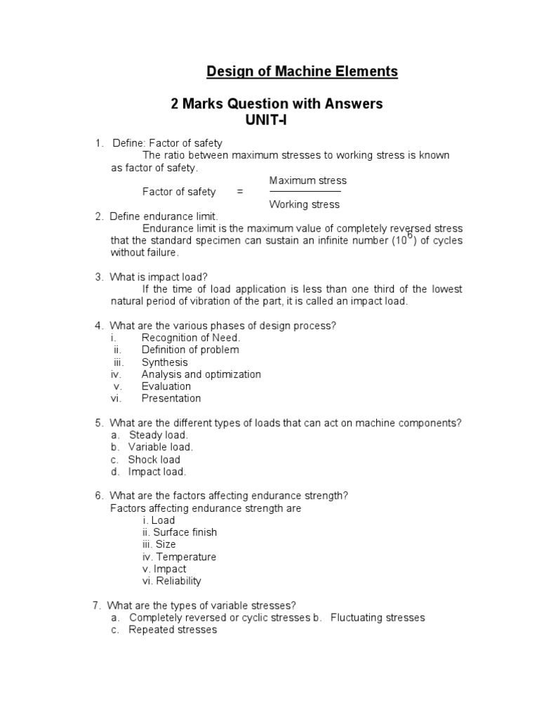 Design of Machine Elements 2 Marks - 5 Units | PDF | Strength Of ...