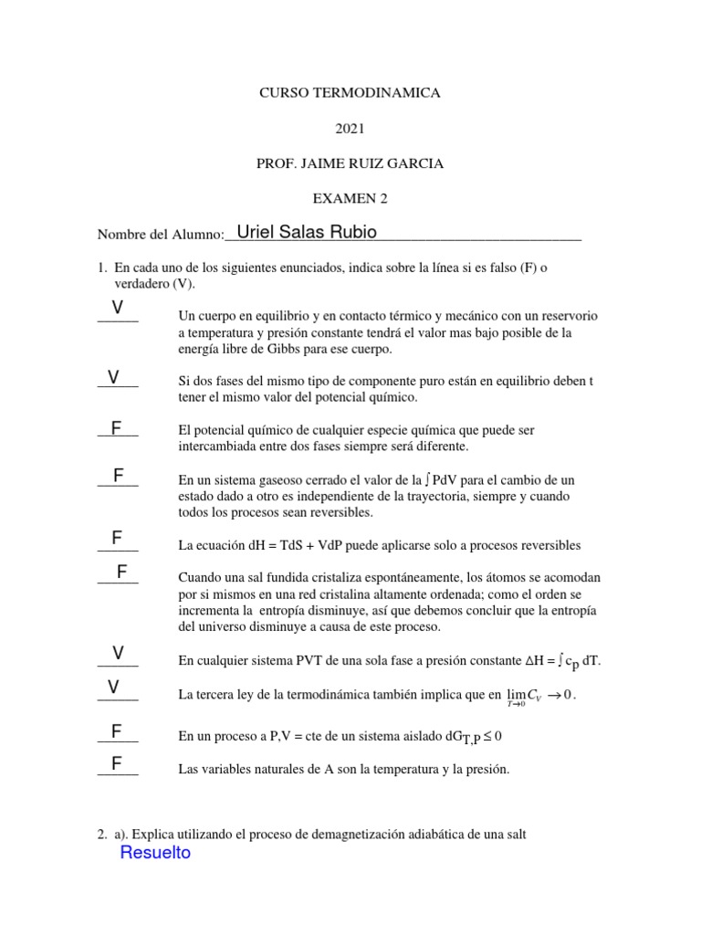 Termodinamica Examen 2 2021 | PDF | Equilibrio químico | Termodinámica