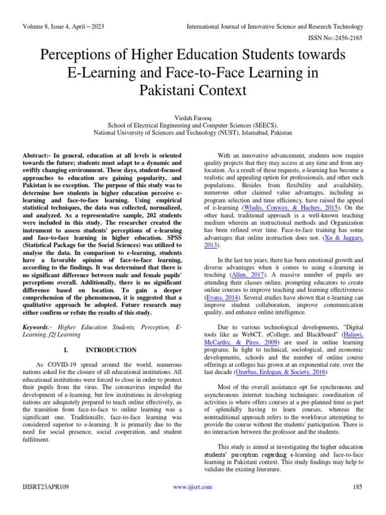 Perceptions of Higher Education Students Towards E-Learning and Face-to-Face Learning in ...