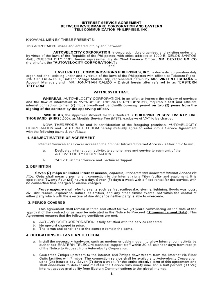 Eastern Telecom Internet Service Agreement | PDF | Internet Access ...