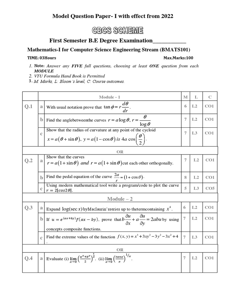 Model Question Paper-I With Effect From 2022: Mathematics-I For ...