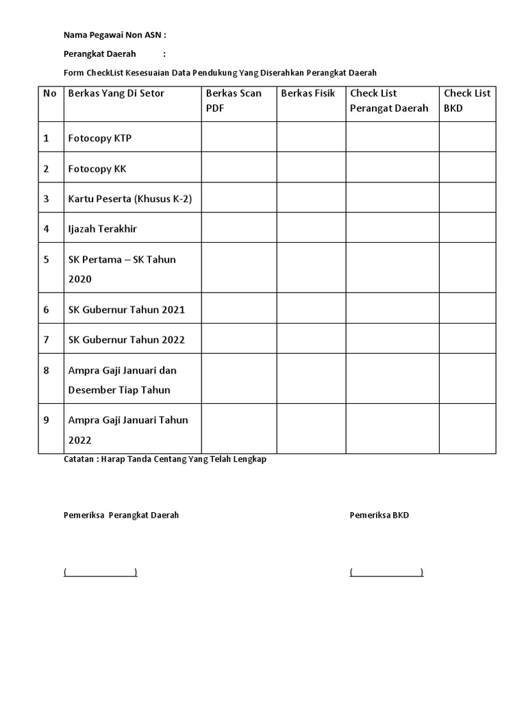 Form Checklist Kesesuaian Data Pendukung Yang Diserahkan Perangkat Daerah | PDF