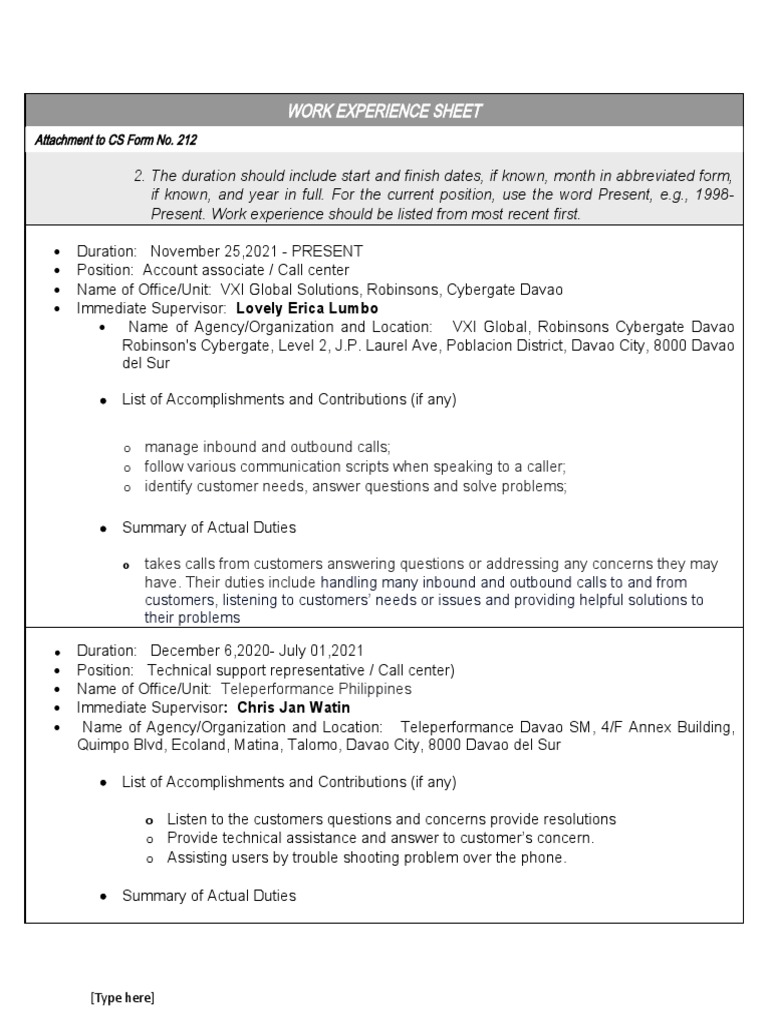 Work Experience Sheet: Instructions: 1. Include Only The Work Experiences Relevant To The ...