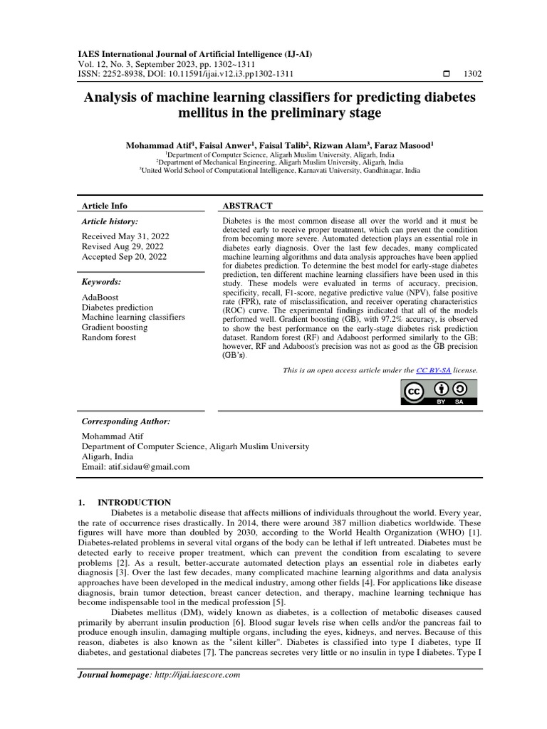 Analysis Of Machine Learning Classifiers For Predicting Diabetes Mellitus In The Preliminary
