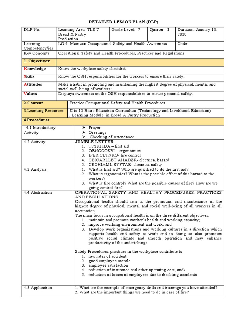 K S A V: Detailed Lesson Plan (DLP) | PDF | Occupational Safety And ...