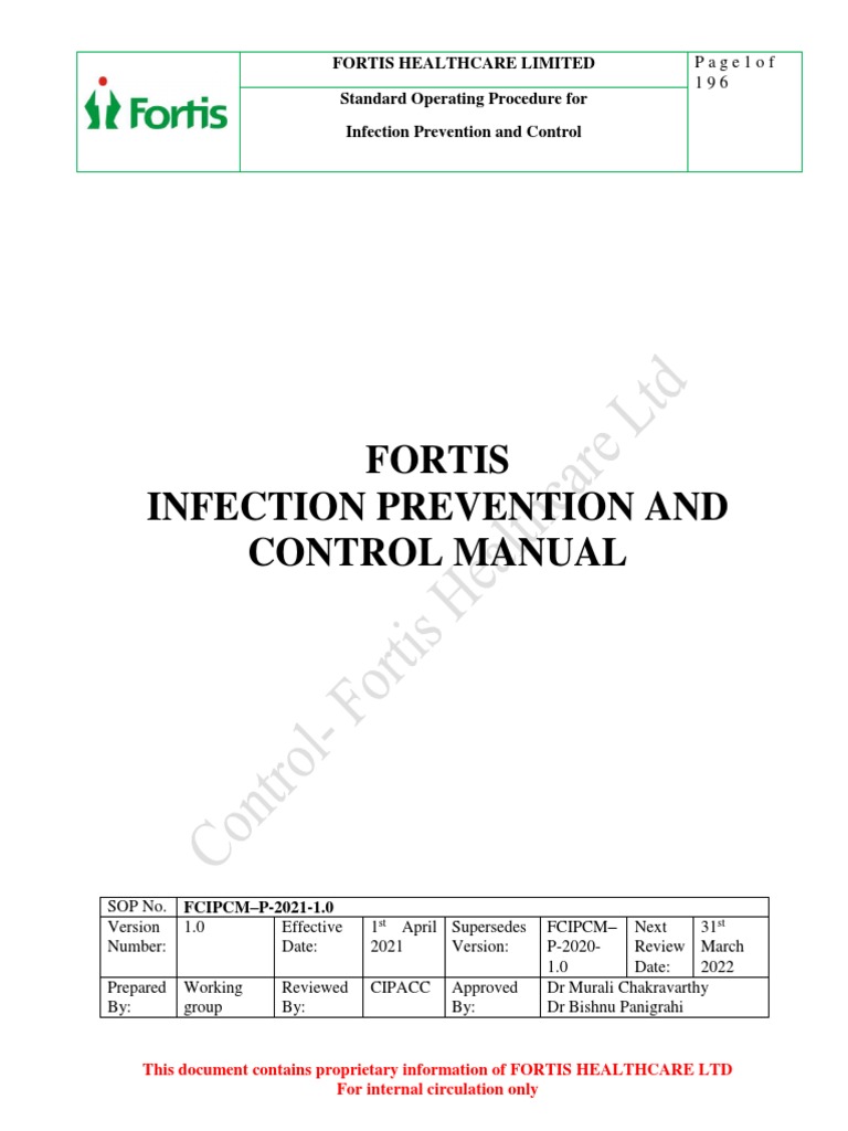 Fortis Infection Prevention and Control Manual | PDF | Infection | Hand ...
