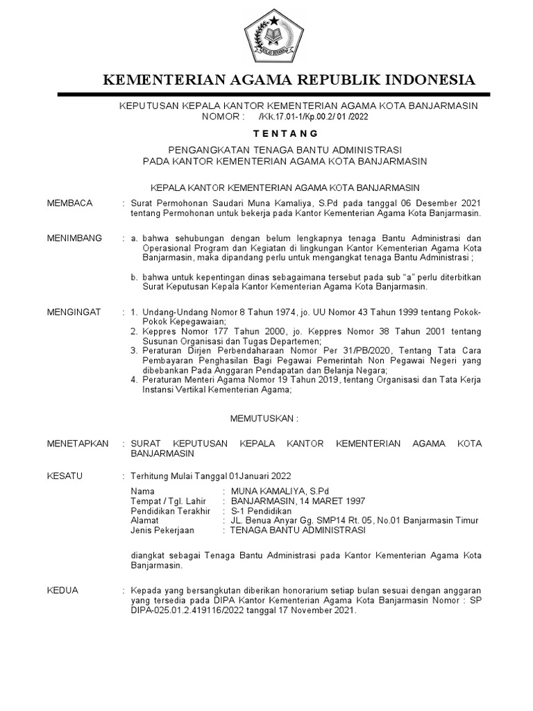 SK Pegawai Kontrak Muna Kamaliya 2023 | PDF