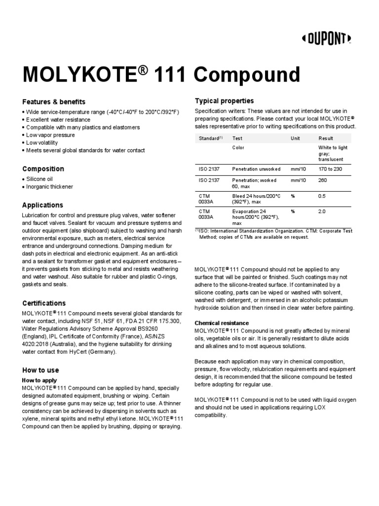 MOLYKOTE 111 Compound 22-1087L-01 | PDF | Silicone | Water