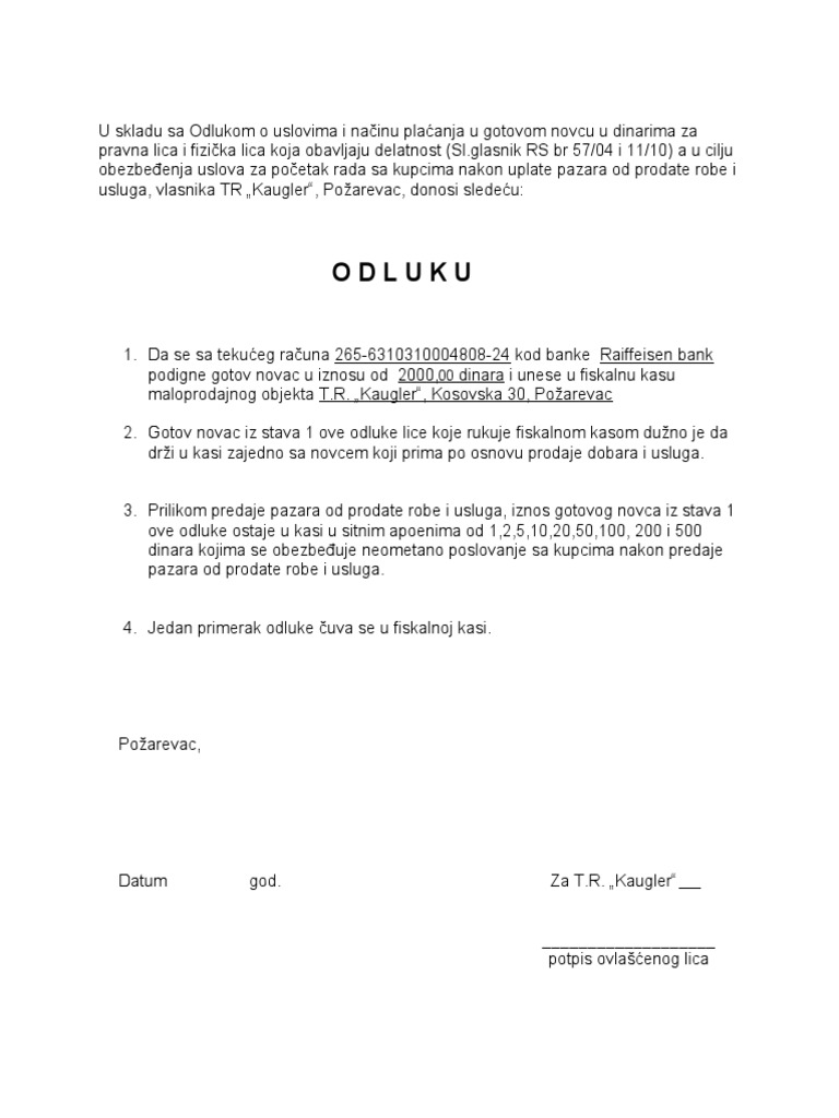 Odluka o Depozitu U Kasi | PDF