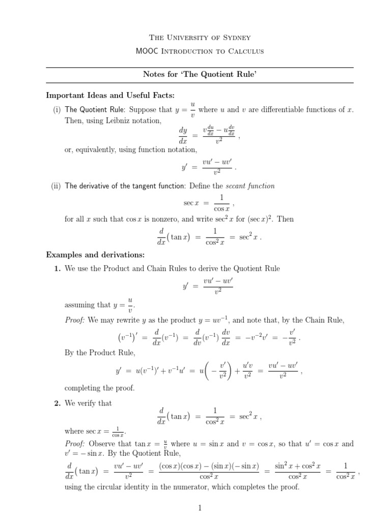 M4 Ve ThEeiTKQ5ajE7PqA Notes-Quotient-Rule | PDF | Trigonometric ...