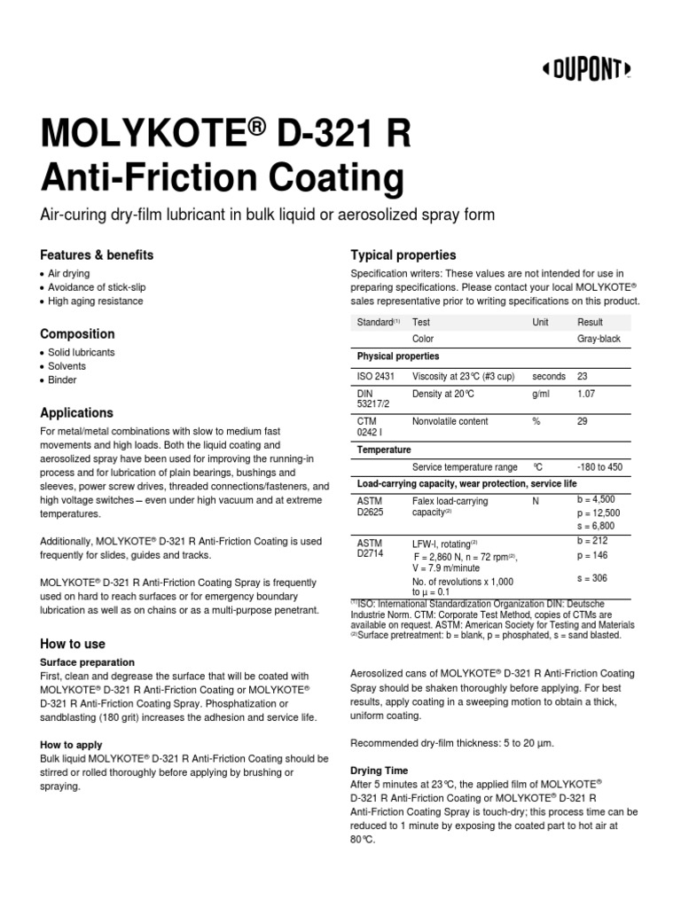高溫油脂MOLYKOTE D-321 R Anti-Friction 71-0219G-01 | PDF | Lubricant | Coating
