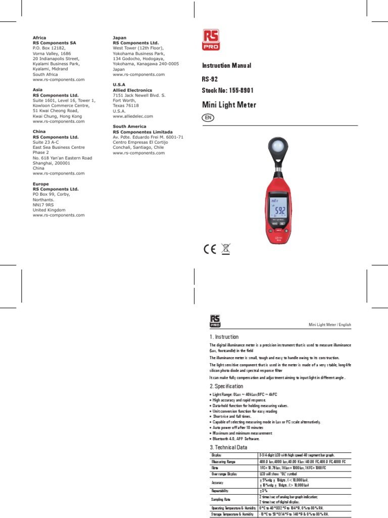 Mini Light Meter: Instruction Manual RS-92 Stock No: 155-8901 | PDF ...