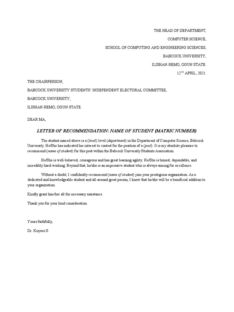 Recommendation Letter for Student Election | PDF