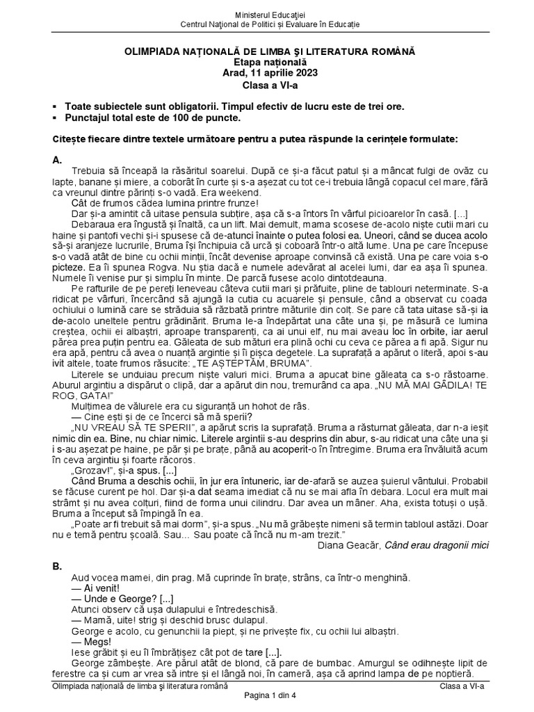 OLLR 2023 Nationala Clasa VI Subiect | PDF