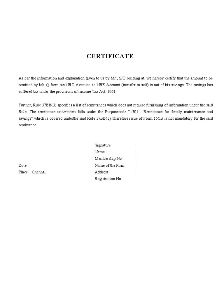 Certificate For NRO To NRE Account Transfer | PDF