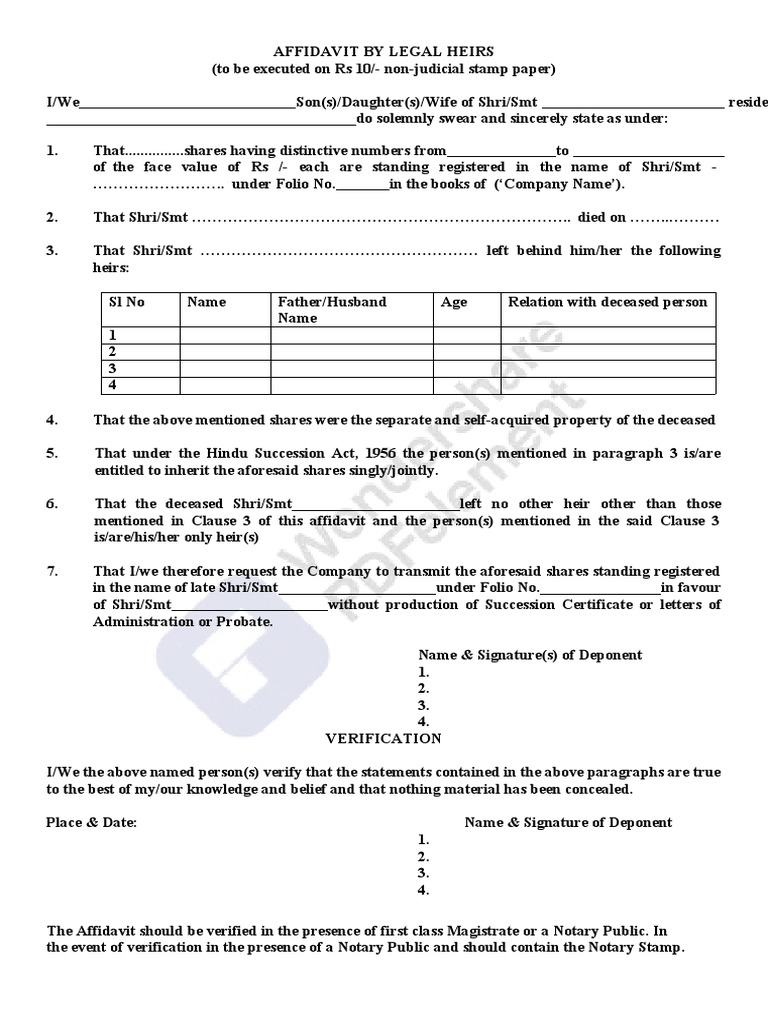Affidavit by Legal Heirs | PDF | Affidavit | Inheritance