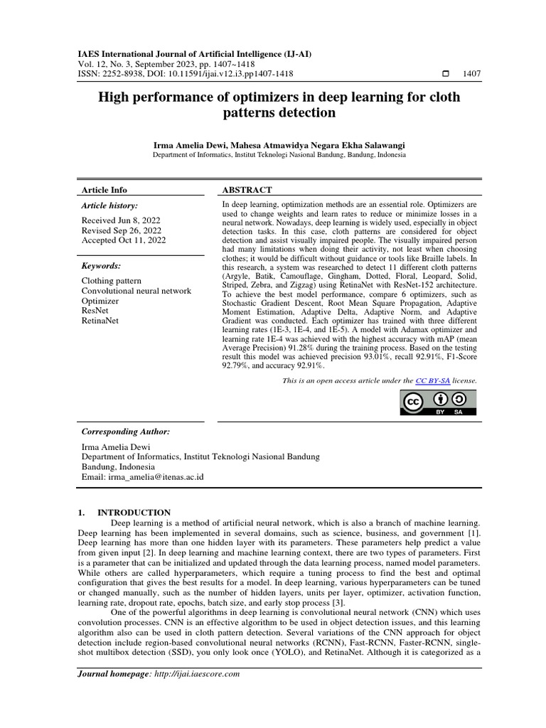 High Performance Of Optimizers In Deep Learning For Cloth Patterns Detection Pdf Artificial 