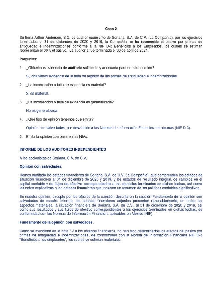 1.7.2 Caso 2 - Resuelto-Salvedad-D | PDF | Auditoría | Estado financiero