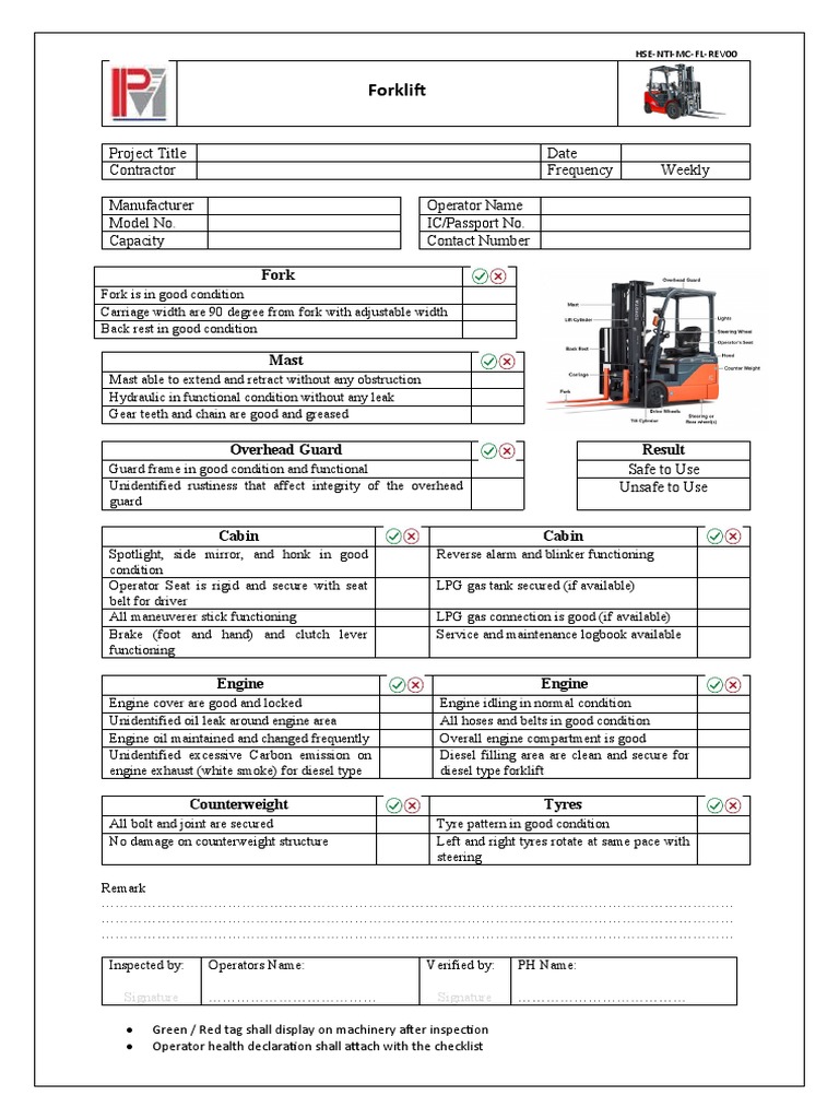 1.forklift Checklist | PDF | Forklift | Vehicles