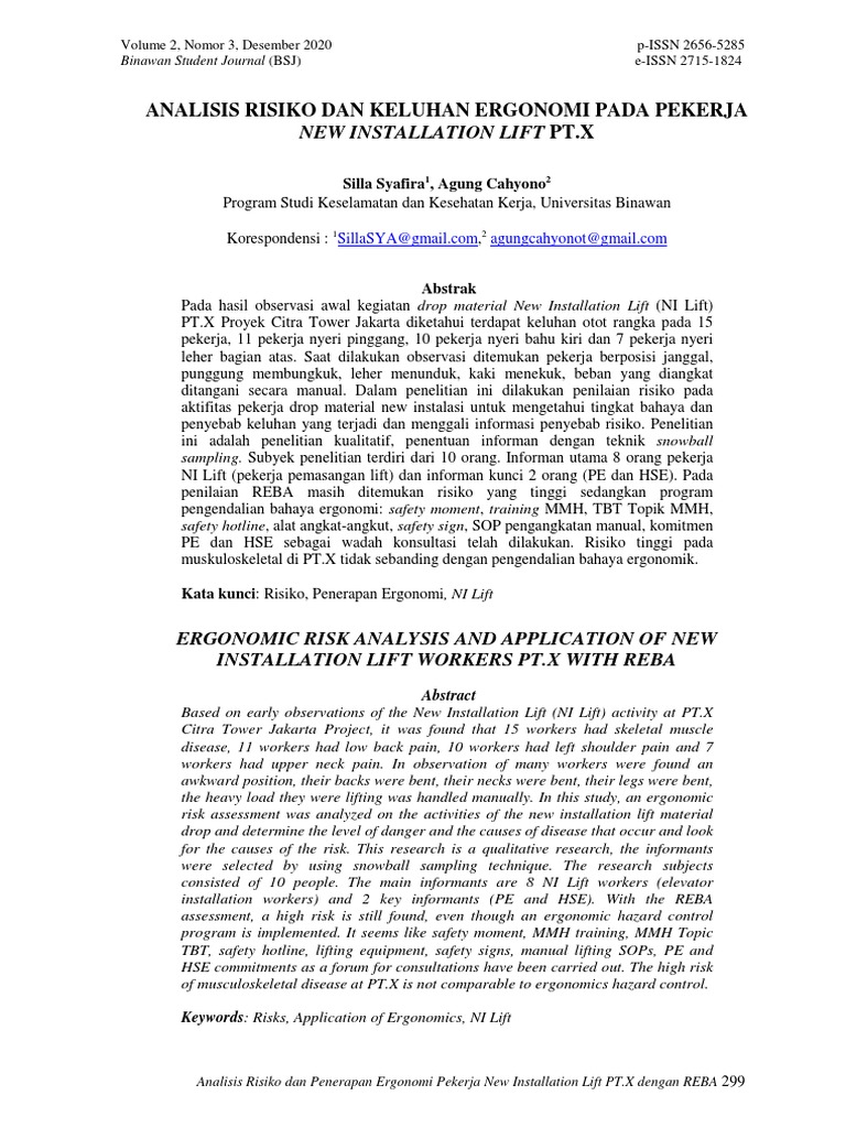 Analisis Risiko Dan Penerapan Ergonomi Pekerja New Installation Lift PT ...